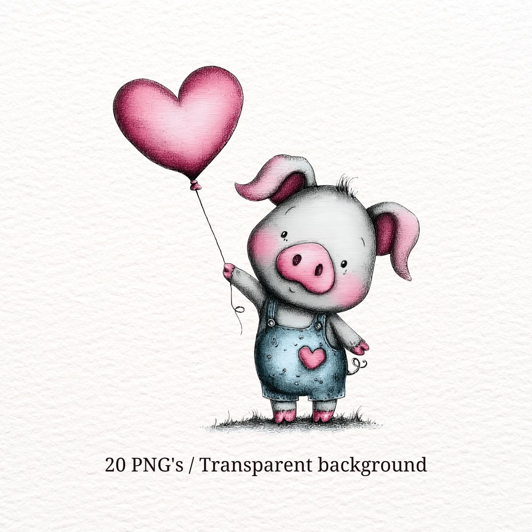 20 Pngs Whimsical Pig With Heart Balloon Watercolor Clipart for ...