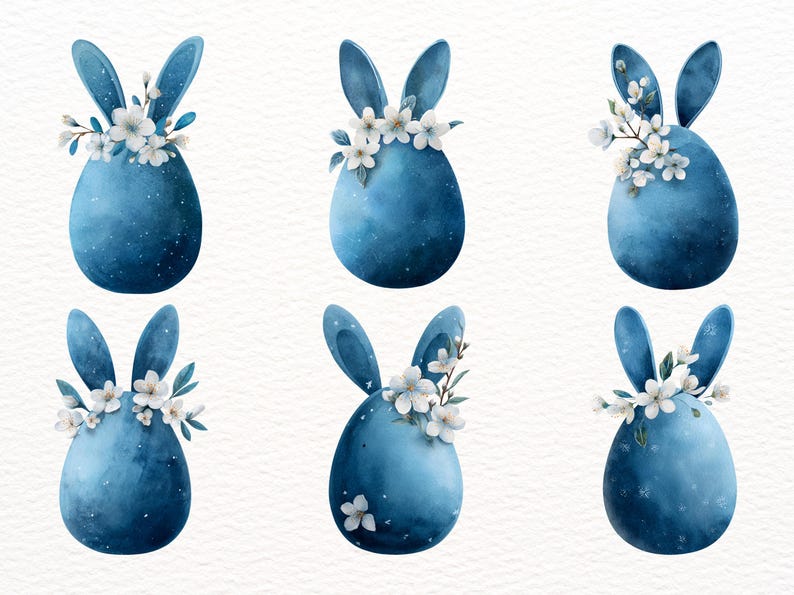 Watercolor Easter Bunny Eggs Clipart – 18 Blue PNG Graphics (digital ...