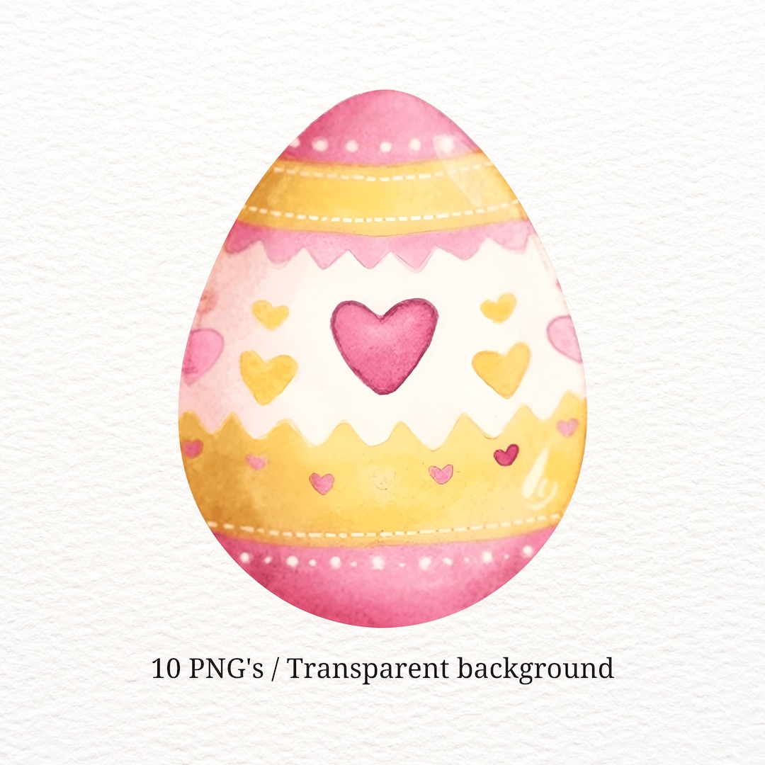 10 Pngs Watercolor Easter Egg Clipart Set, Pink & Yellow Hearts (PNG ...