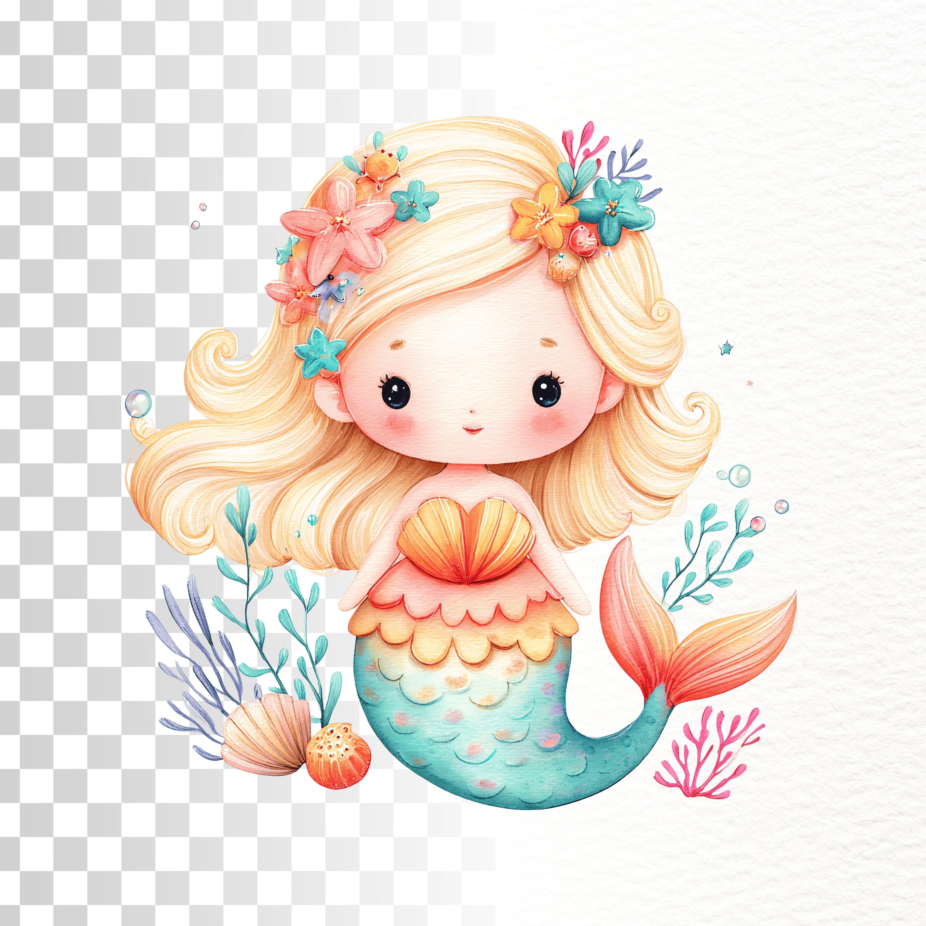 16 PNG Watercolor Mermaid Clipart Set | Ocean Nursery (digital Download ...