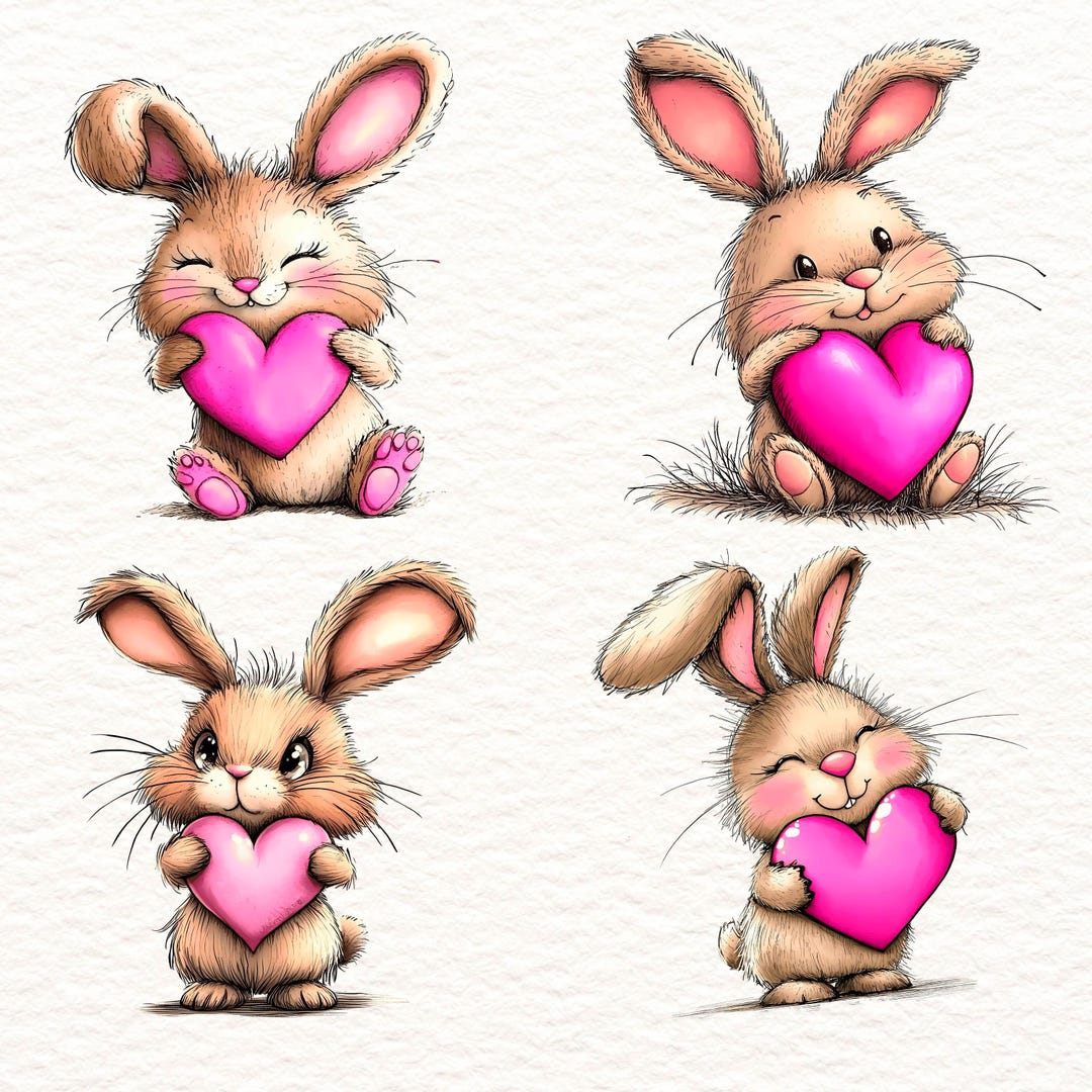16 Cute Bunny PNG Bundle, Kawaii Rabbit With Heart Clipart, Valentine ...