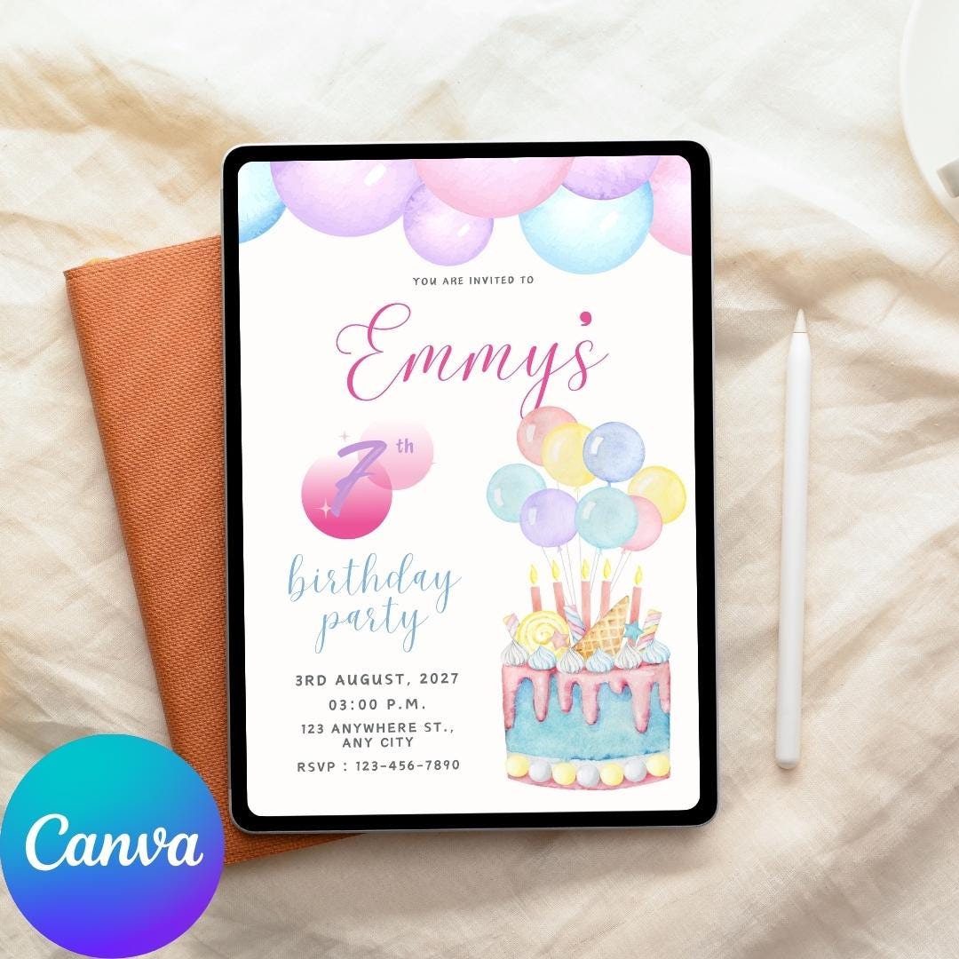Watercolor 7th Birthday Invitation Template, Pink Cake, Canva (digital ...