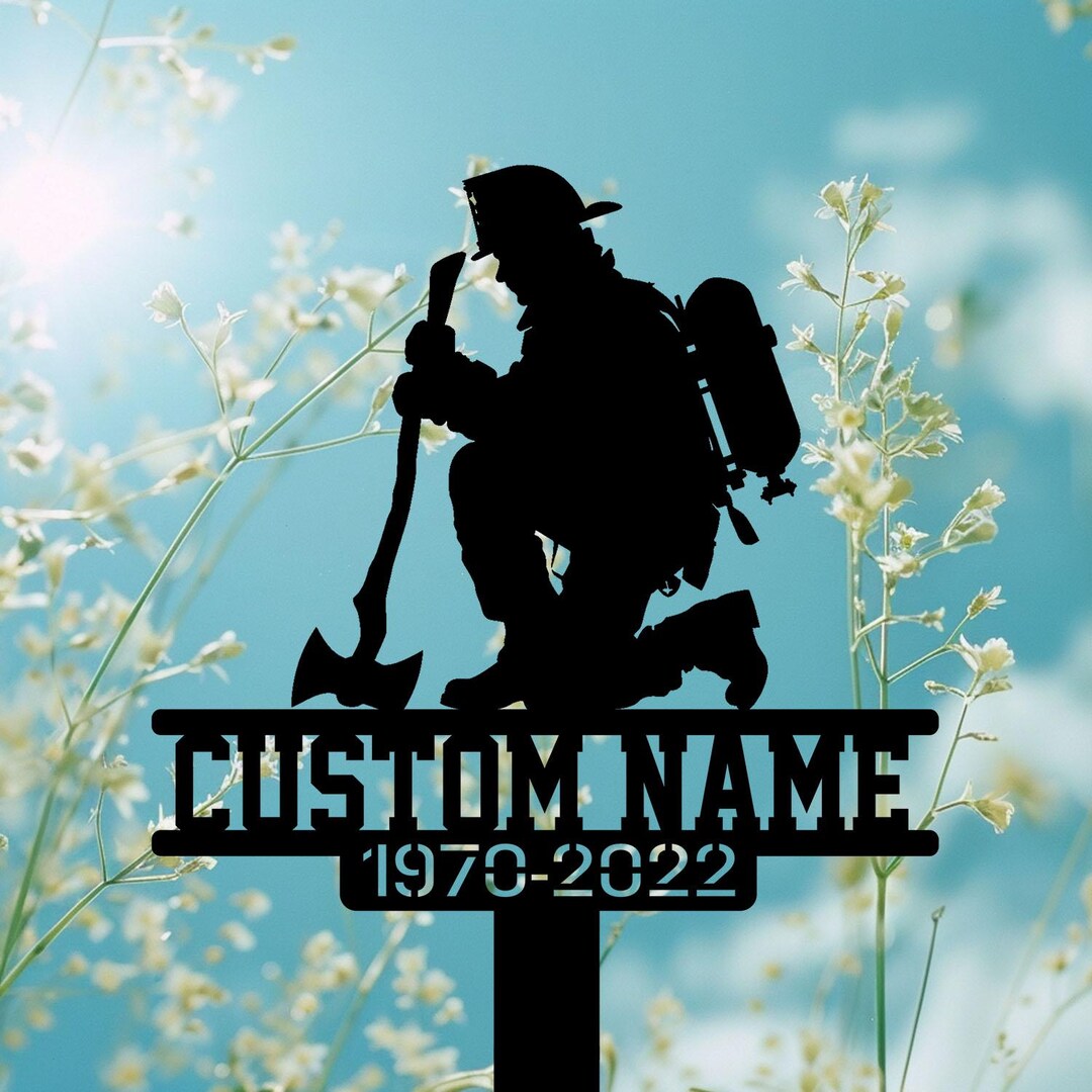 Personalized Firefighter Kneeling at Cross Grave Marker, Custom Fallen ...