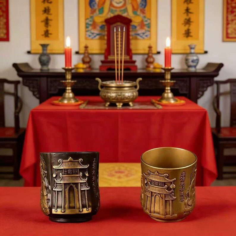 Sacred Three Pure Ones Offering Cup - Taoist Brass Relief Deity Chalice ...
