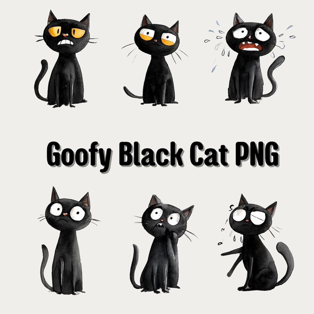 Goofy Black Cat Clipart PNG | Funny Cat Emotions Stickers | Digital ...
