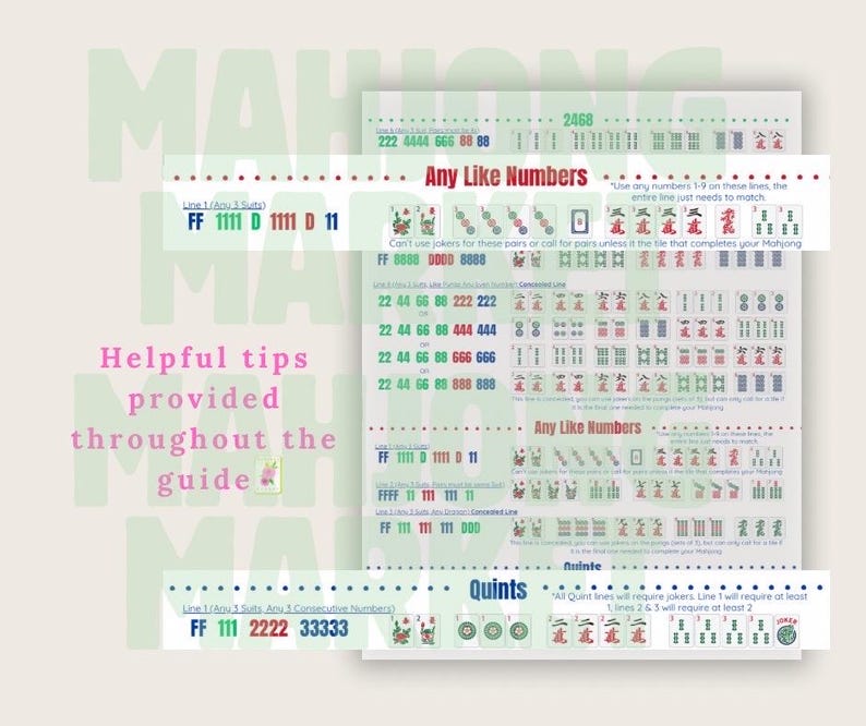 Printable Mahjong 2025 Cheat Sheet, 2025 Mahjong Hands, Beginner ...