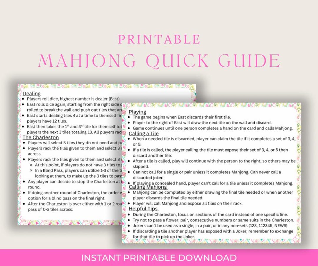 Printable Mahjong Quick Guide, Beginner Mahjong Help, NMJL 2025 Card ...