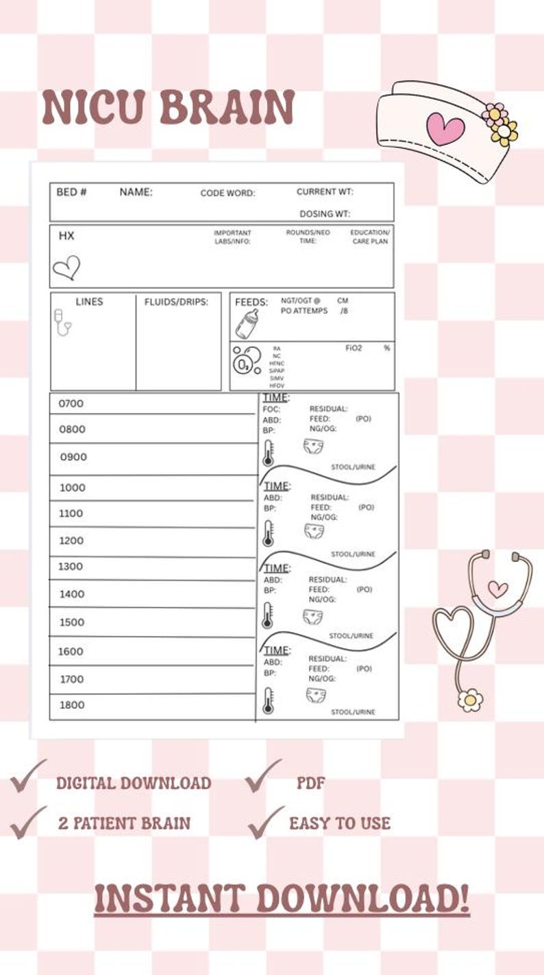 Printable NICU Report Sheet | Neonatal Nurse Report Brain | Digital ...