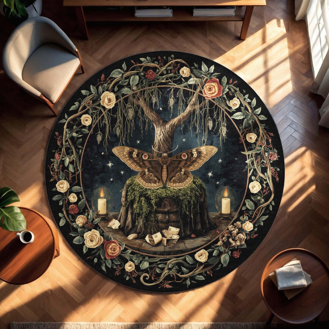 Witchy Moth Round Rug | Gothic Altar Decor Fairycore Carpet With Candle ...