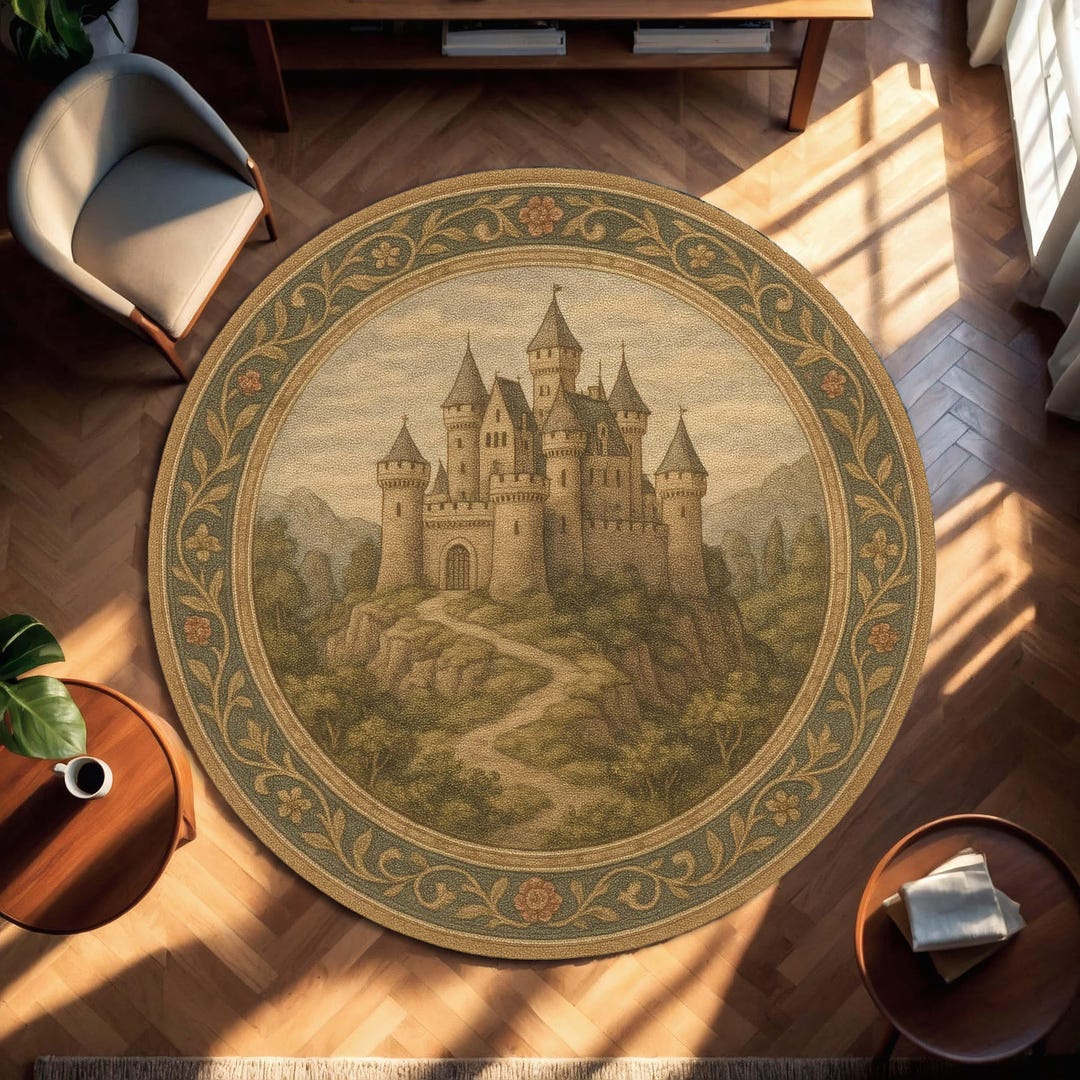 Medieval Castle Round Rug, Vintage Fortress Carpet, Tapestry Style Rug ...