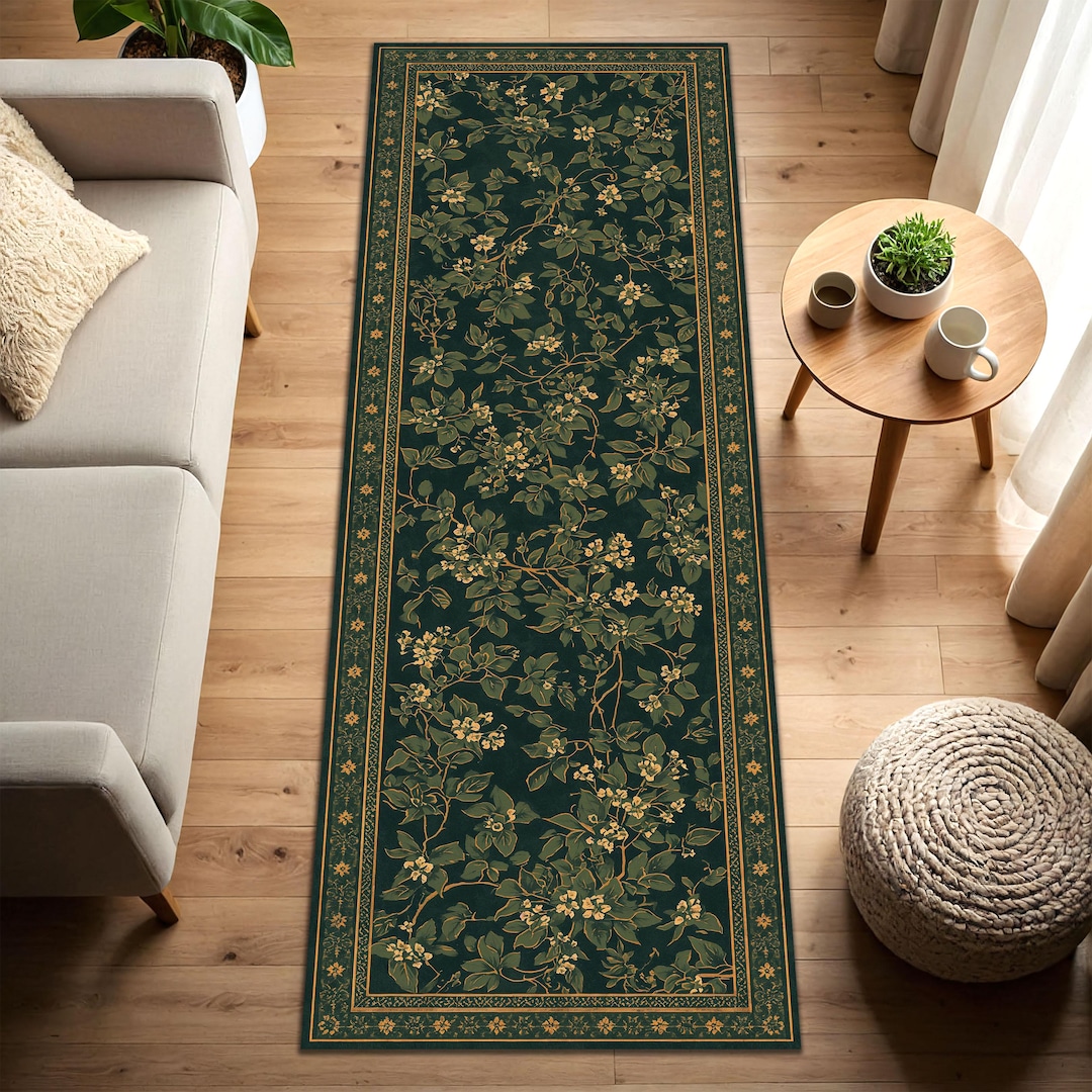 Dark Blue Floral Runner Rug, Vintage Botanical Vine Pattern, Non-slip ...