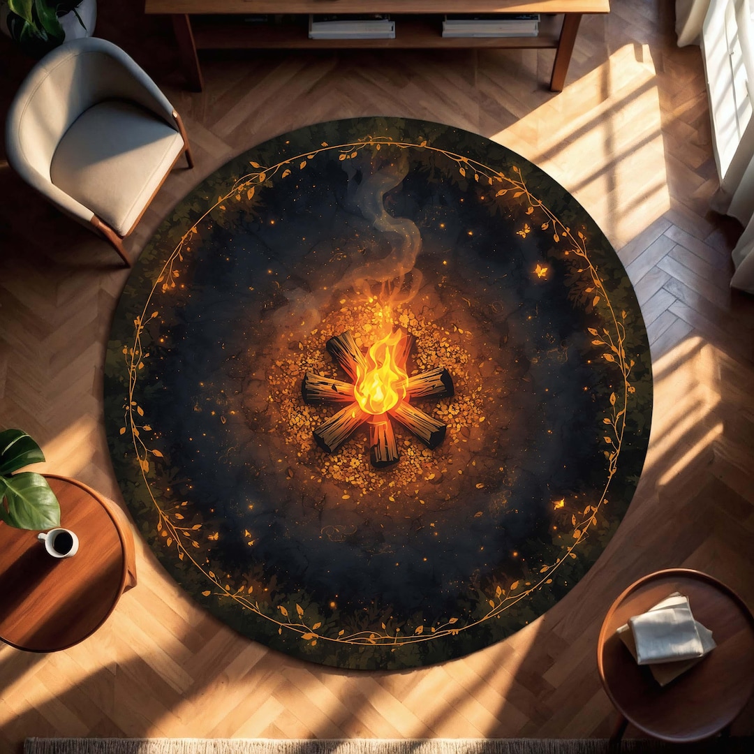 Round Campfire Rug – Cozy Bonfire Floor Mat, Rustic Boho Fireplace ...