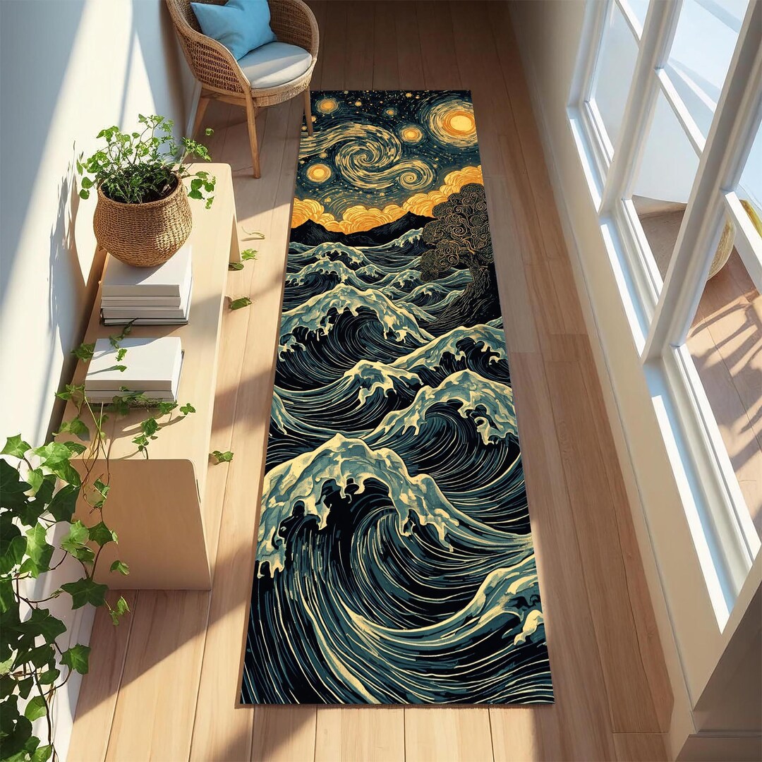 Starry Night Wave Runner Rug, Van Gogh Inspired Ocean Carpet With ...