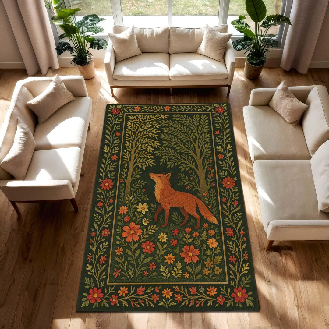 Fox Forest Rug, Autumn Woodland Animal Carpet, Cozy Rustic Cabin Decor ...