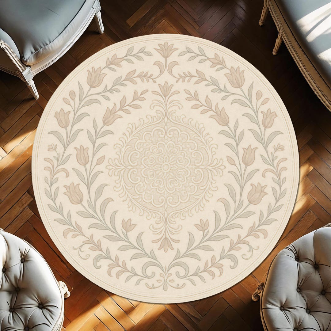 Round Beige French Cottagecore Botanical Rug, Tulip Floral Circle ...