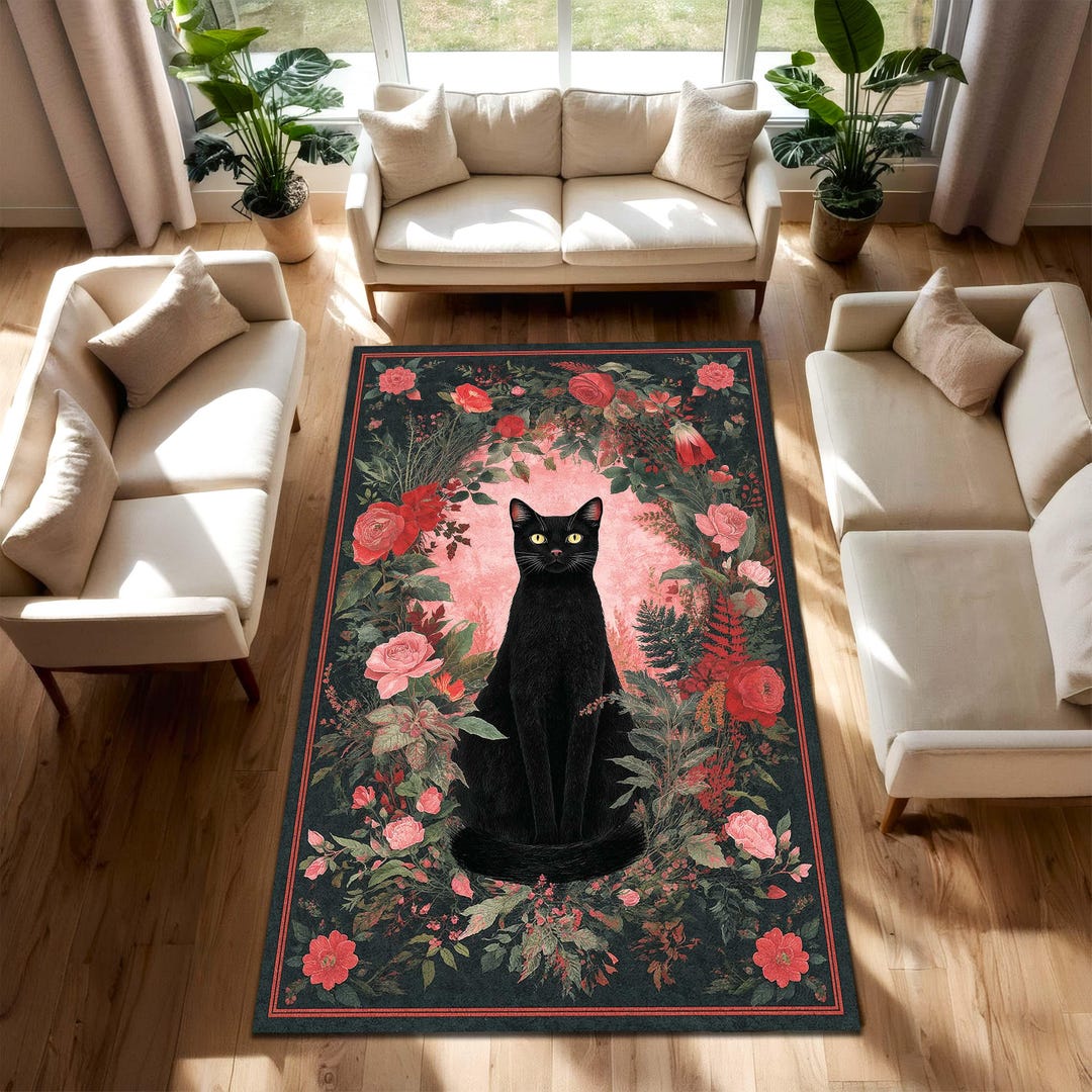 Black Cat Floral Area Rug, Witchy Gothic Living Room Carpet, Vintage ...