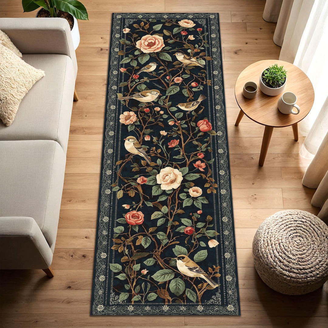 Vintage Floral Bird Runner Rug, Dark Botanical Hallway Carpet ...