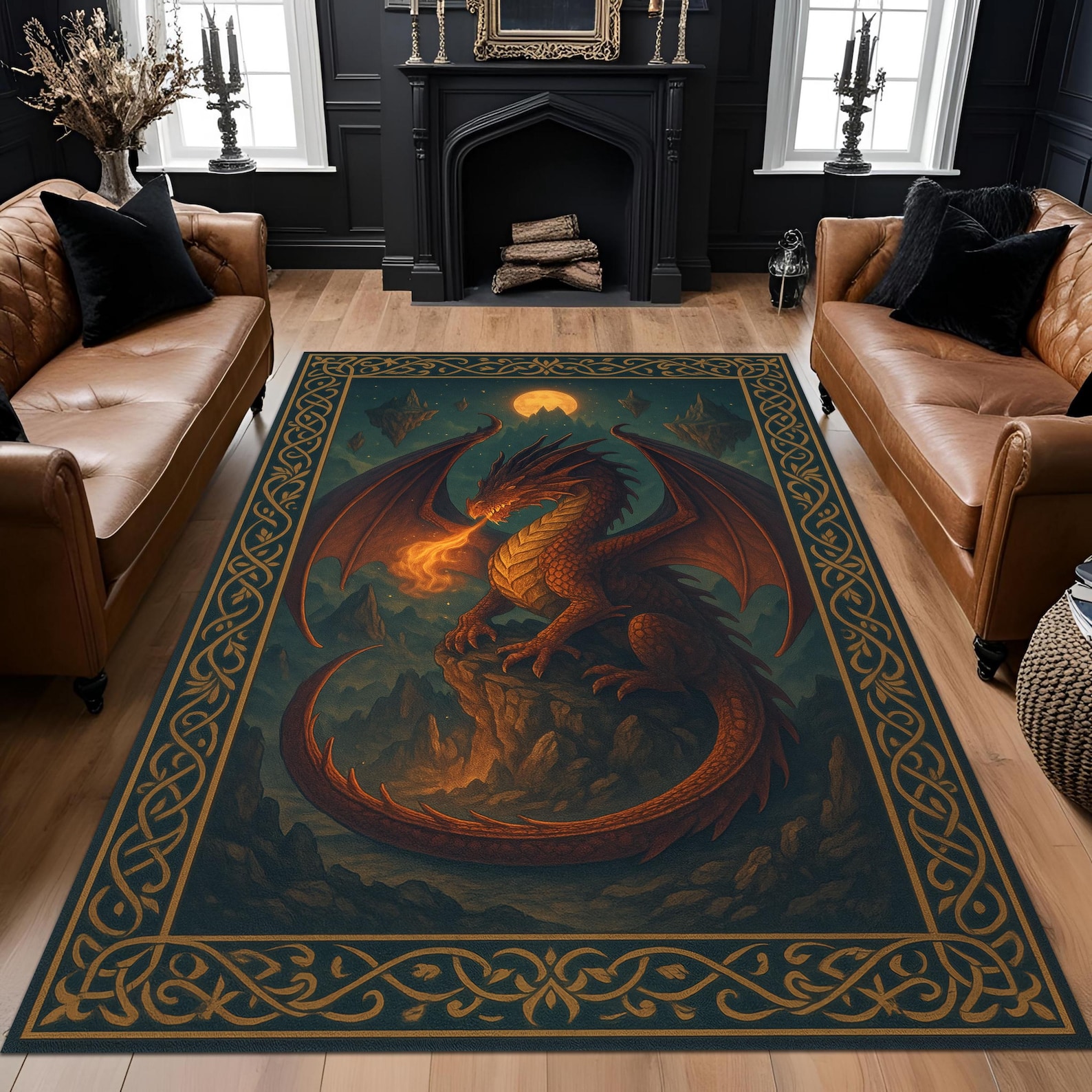 Fire Dragon Fantasy Rug, Medieval Dragon Carpet, Gothic Mythical ...