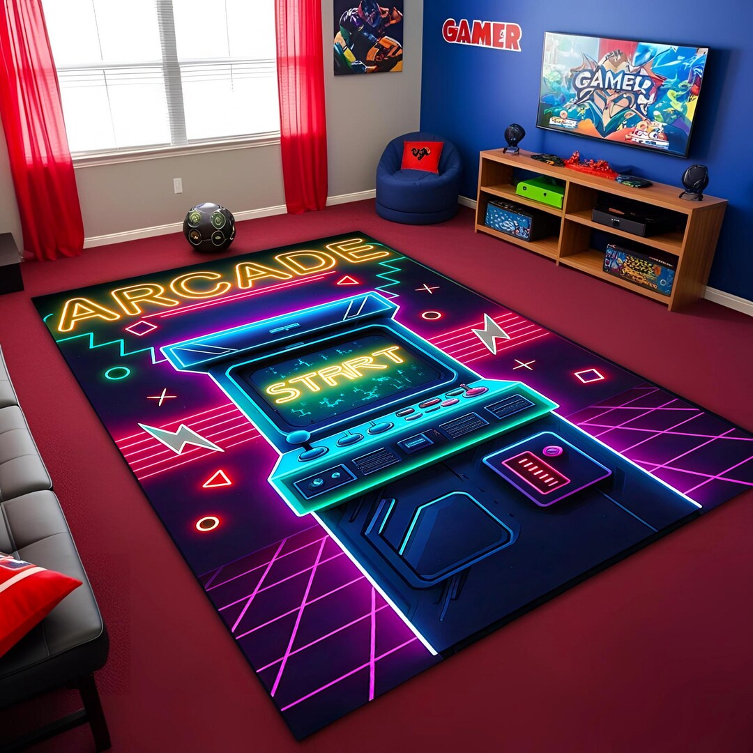 Retro Arcade Machine Rug, Neon Gamer Room Decor, Pixel Art Game Carpet ...