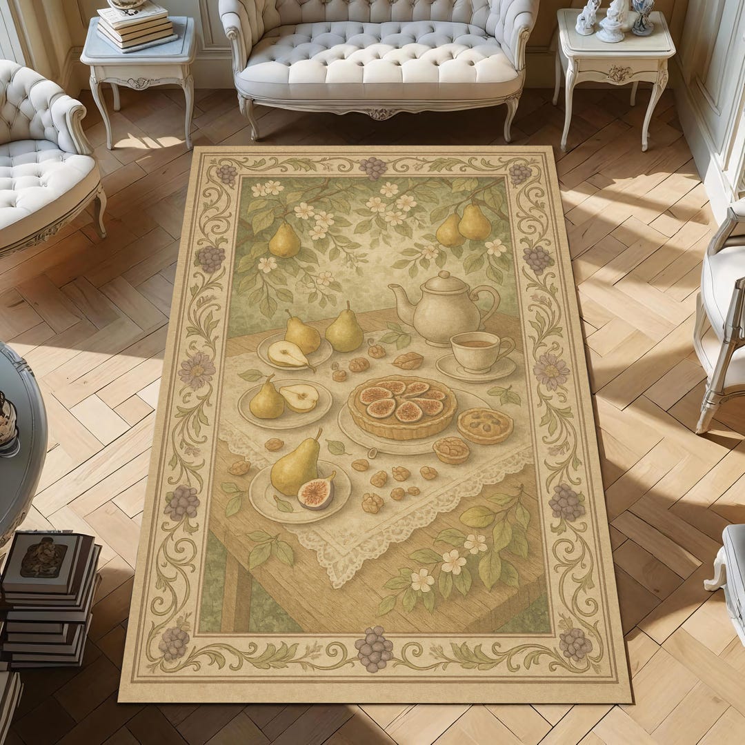 French Country Kitchen Rug, Chateaucore Pear Fig Linen Design, Vintage ...