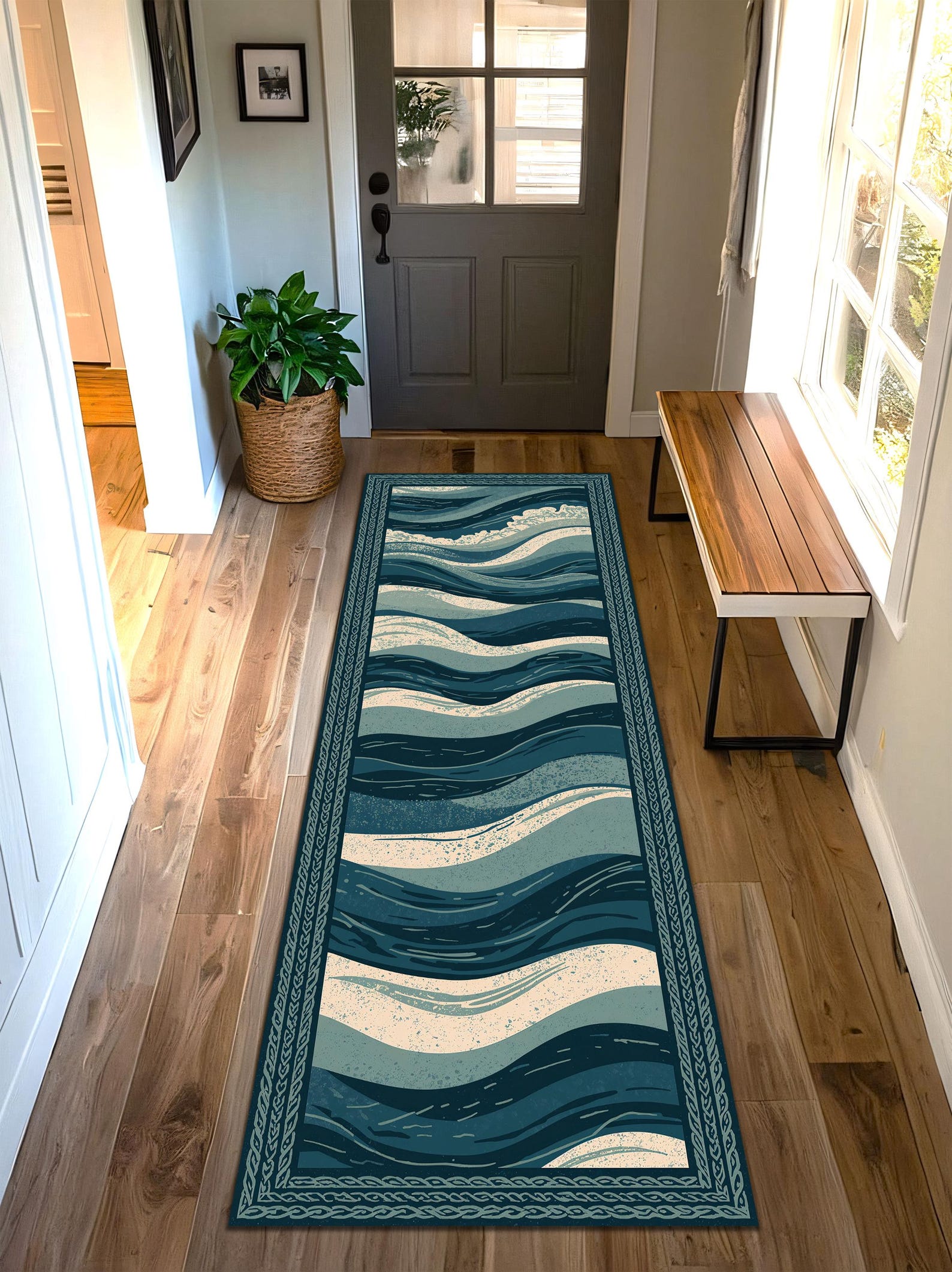 Ocean Waves Runner Rug, Coastal Blue Teal Hallway Carpet, Nautical Sea ...