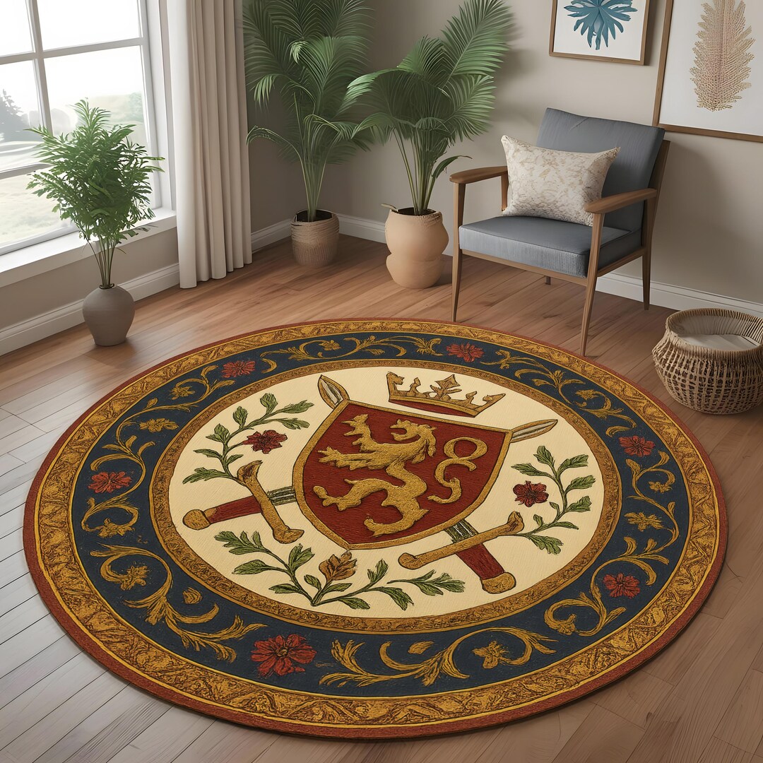 Royal Crest Round Rug: Medieval Heraldic Carpet With Lion Shield ...