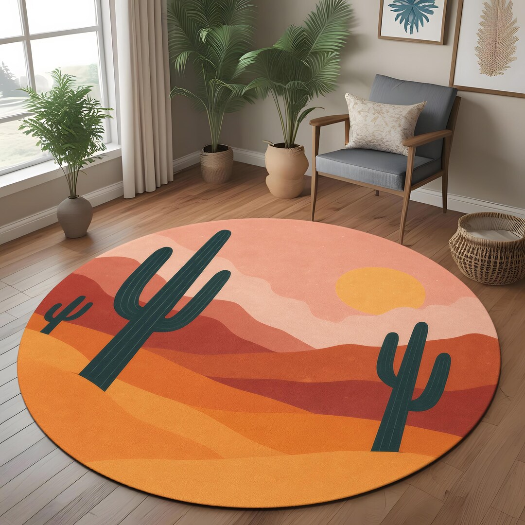 Desert Landscape Rug: Round Boho Carpet With Cactus and Sunset Abstract ...