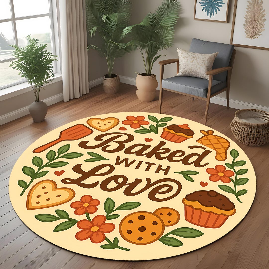 Baked With Love Round Rug: Cute Kitchen Quote Rug With Cookies and ...