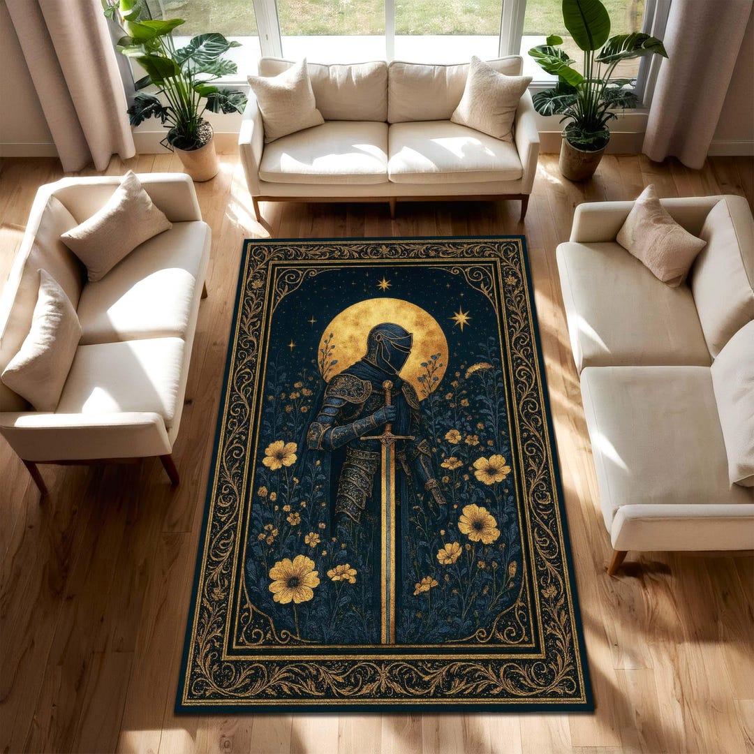 Medieval Tapestry Style Rug With Knight and Moon, Gothic Floral Carpet ...