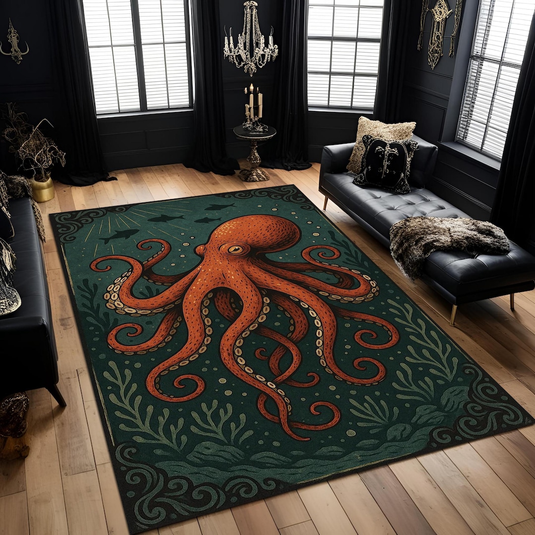 Octopus Gothic Rug, Kraken Sea Creature Rug, Dark Nautical Marine Rug ...