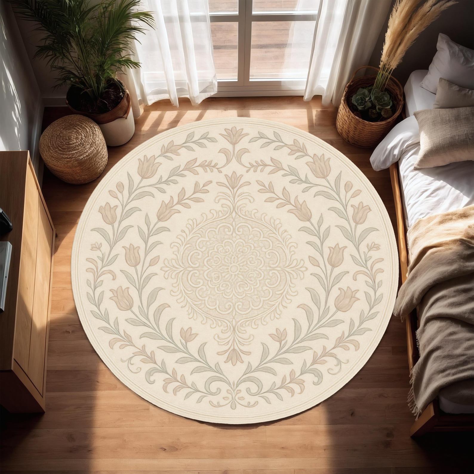Round Beige French Cottagecore Botanical Rug, Tulip Floral Circle ...