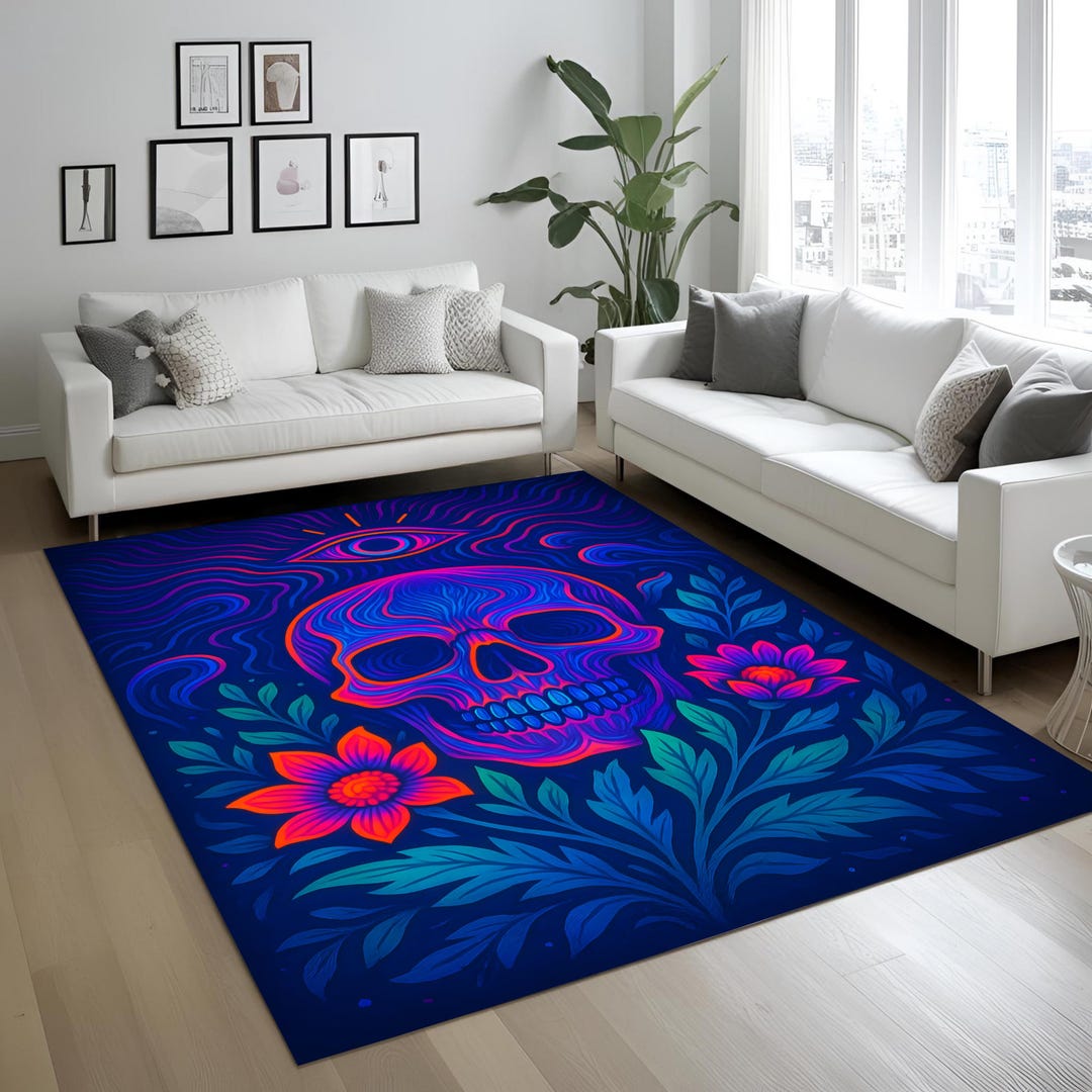 Psychedelic Skull Rug: Neon Floral Skull With Third Eye and Cosmic ...