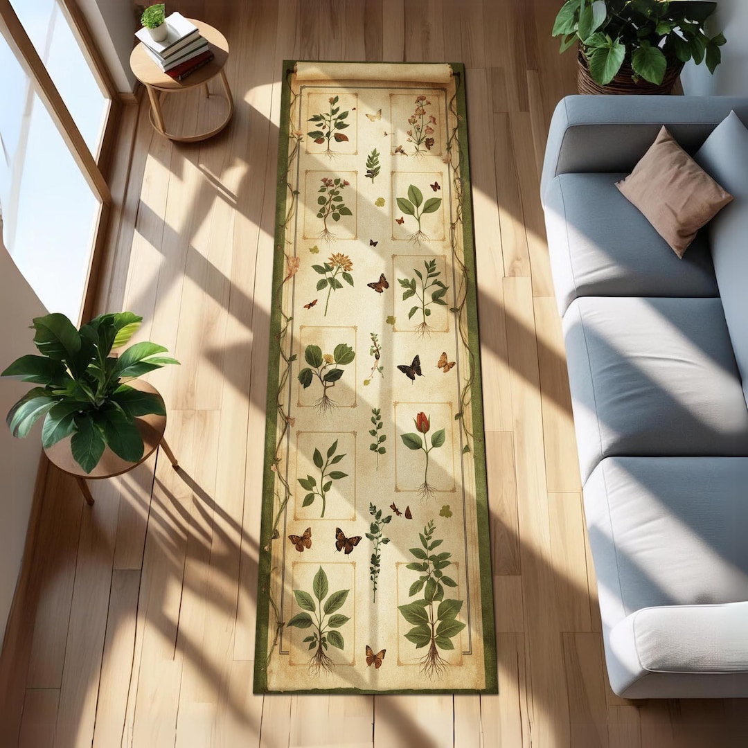 Botanical Runner Rug With Vintage Plant & Butterfly Illustrations ...