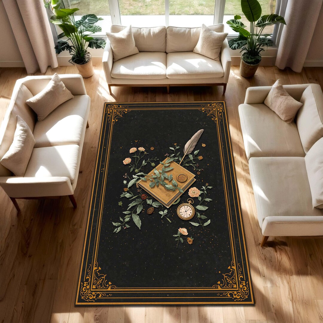 Dark Academia Area Rug, Vintage Library Book & Quill Floral Carpet ...