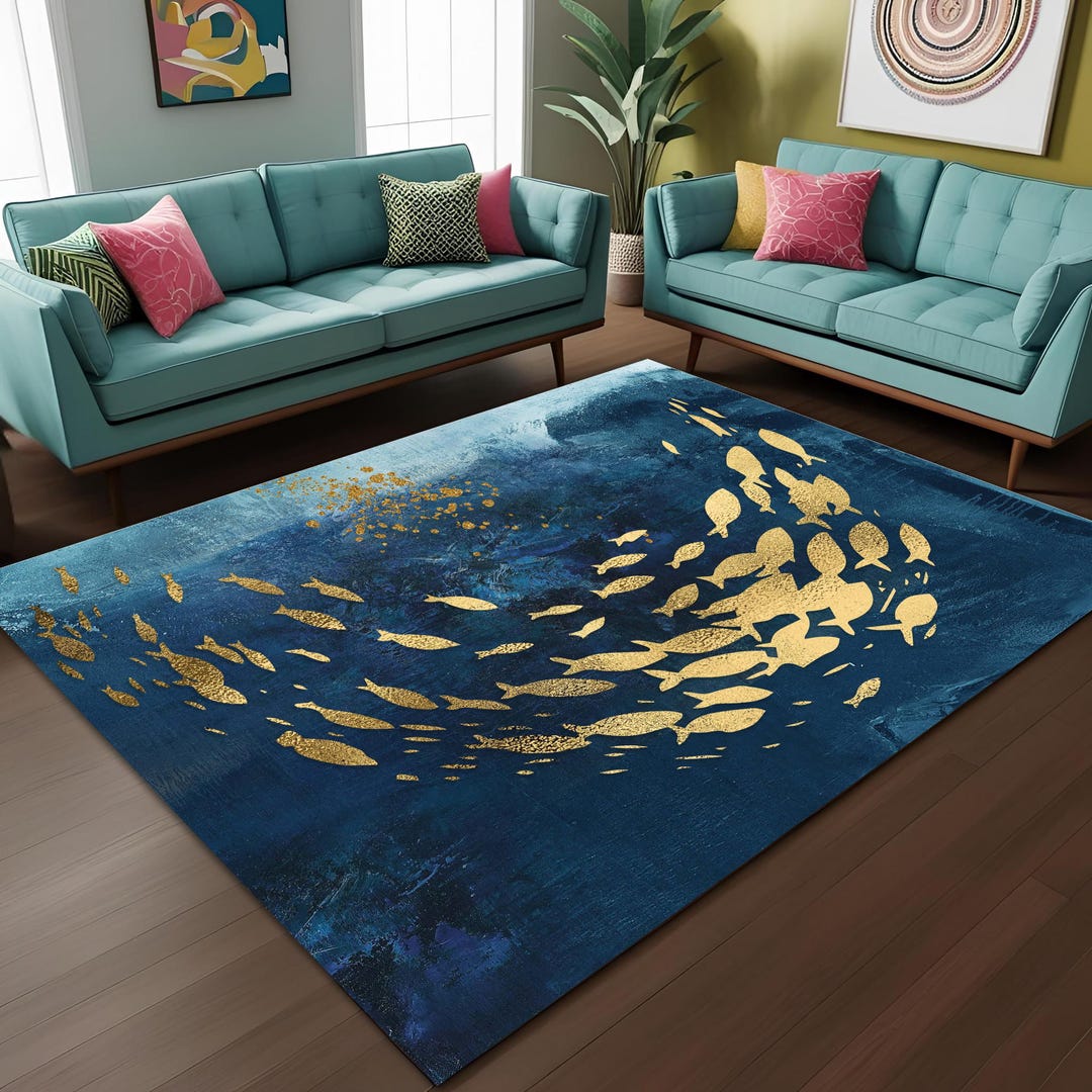 Elegant Blue and Gold Fish Rug, Modern Abstract School of Fish Carpet ...