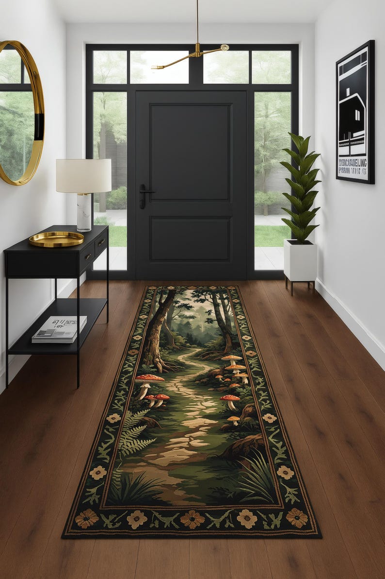 Mushroom Forest Runner Rug, Cottagecore Woodland Path Carpet, Whimsical ...