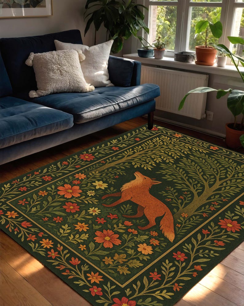 Fox Forest Rug, Autumn Woodland Animal Carpet, Cozy Rustic Cabin Decor ...