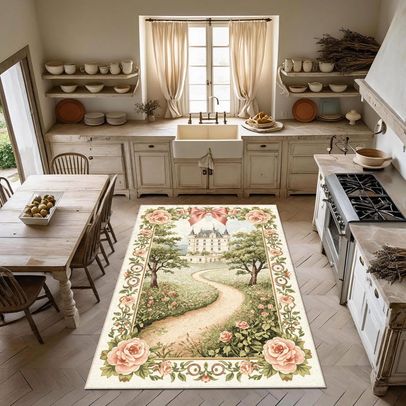 Fairytale Chateau Rug, Romantic Pathway Castle Carpet, Pink Floral ...