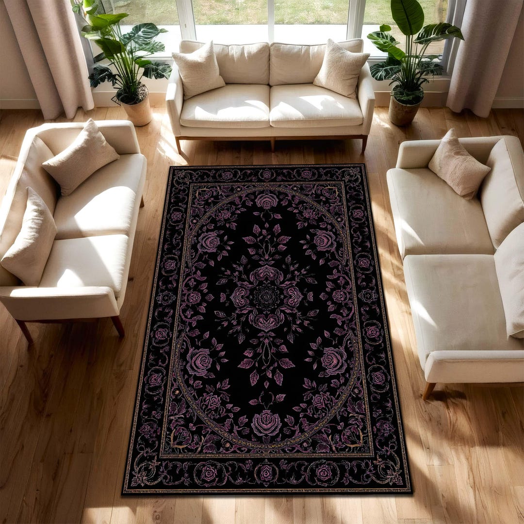 Black Gothic Floral Rug With Purple Roses, Vintage Medallion Area ...