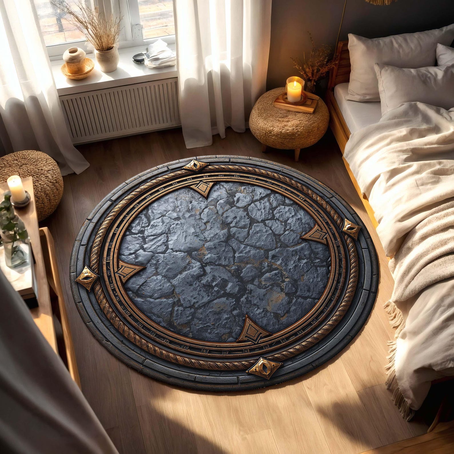 Round Stone Texture Rug With Antique Gold Accents, Medieval Fantasy ...