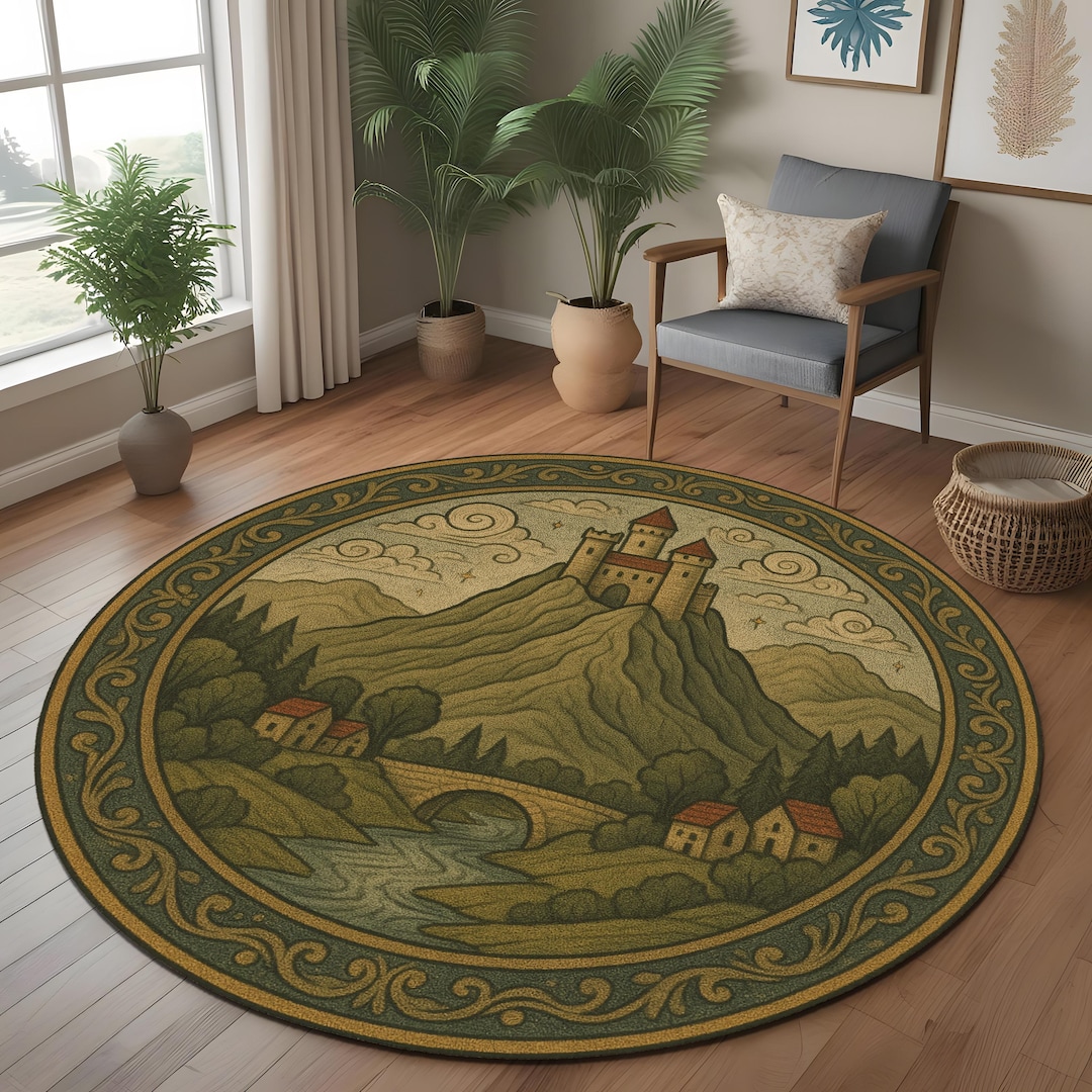 Medieval Castle Round Rug: Vintage Landscape Carpet With Hilltop ...
