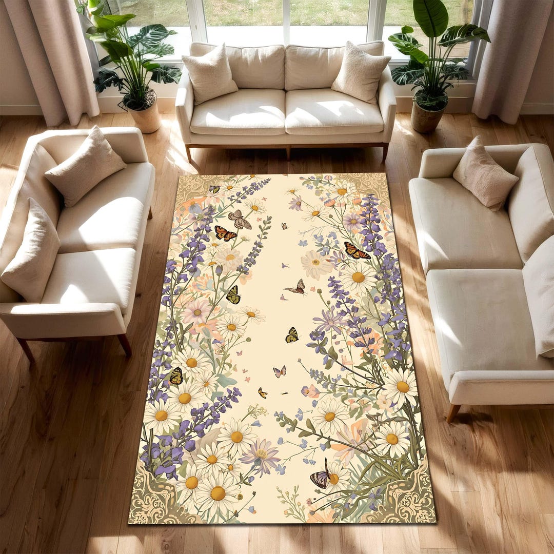 Cottagecore Wildflower Meadow Rug With Butterflies, Vintage Botanical ...