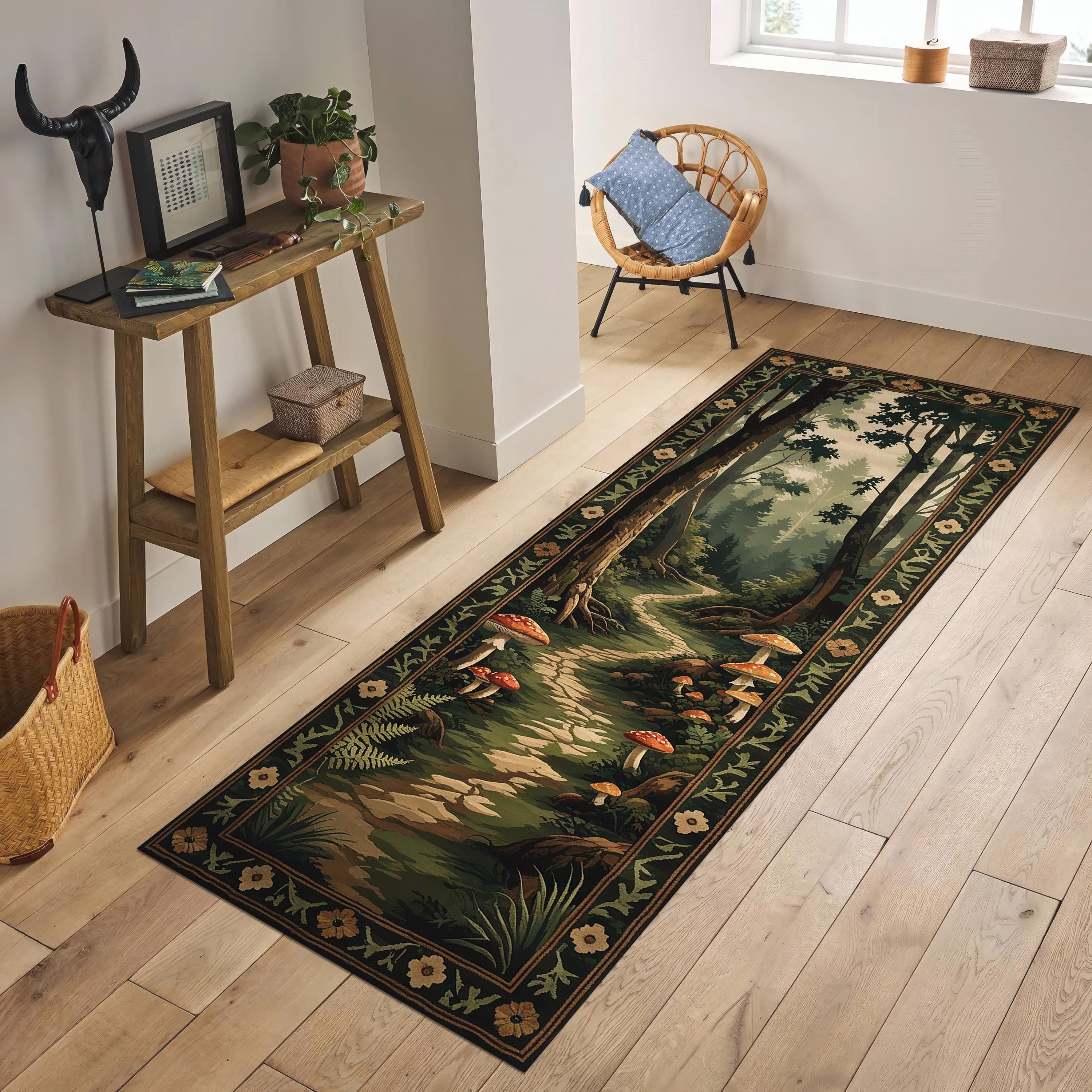 Mushroom Forest Runner Rug, Cottagecore Woodland Path Carpet, Whimsical ...