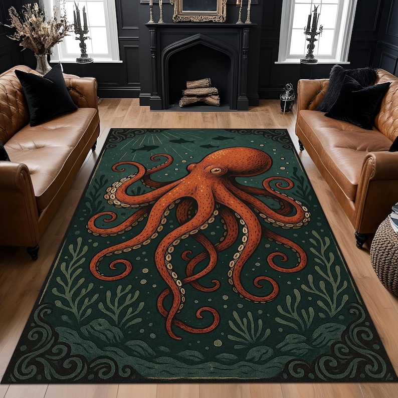 Octopus Gothic Rug, Kraken Sea Creature Rug, Dark Nautical Marine Rug ...