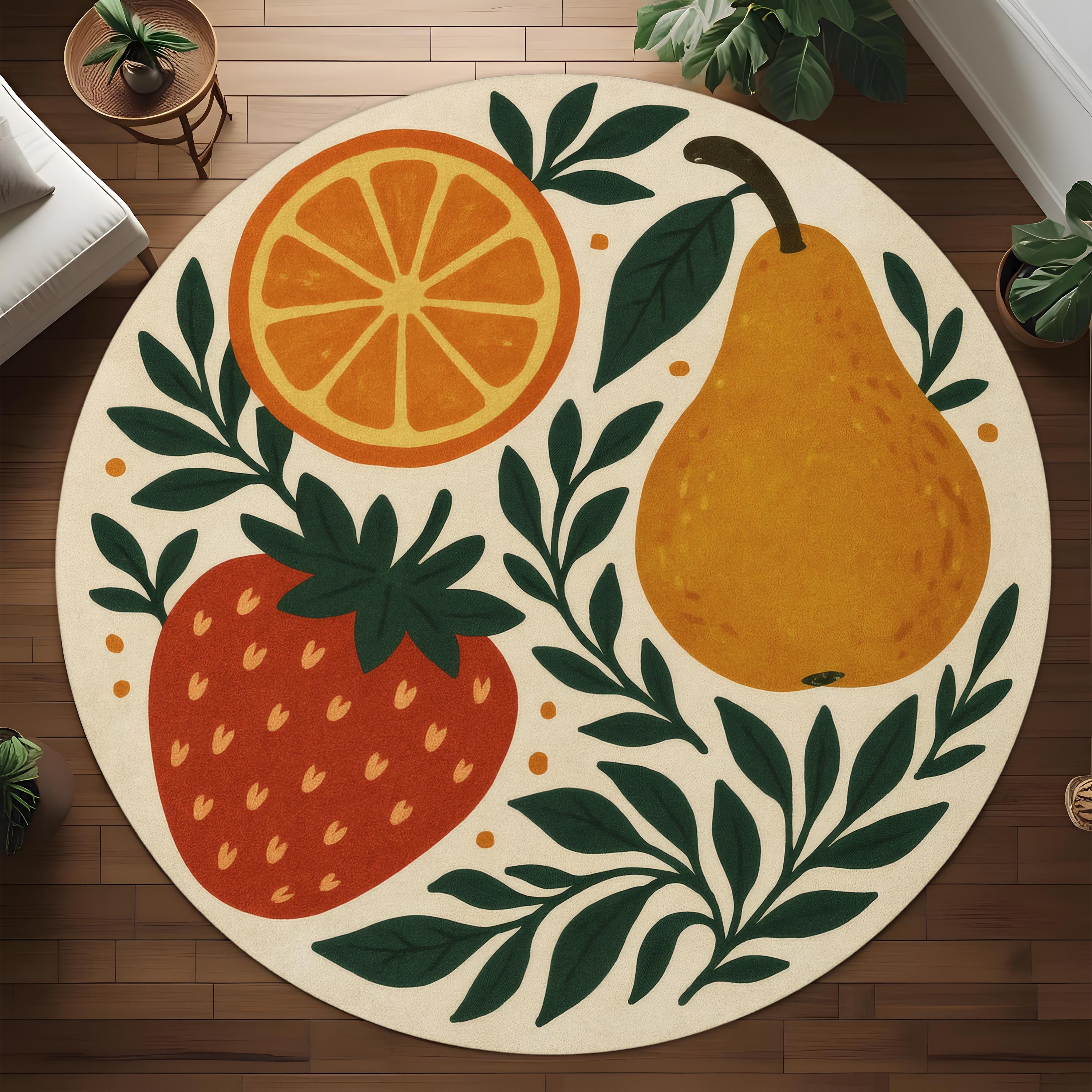 Fruit Pattern Round Rug: Whimsical Strawberry, Orange and Pear Carpet ...