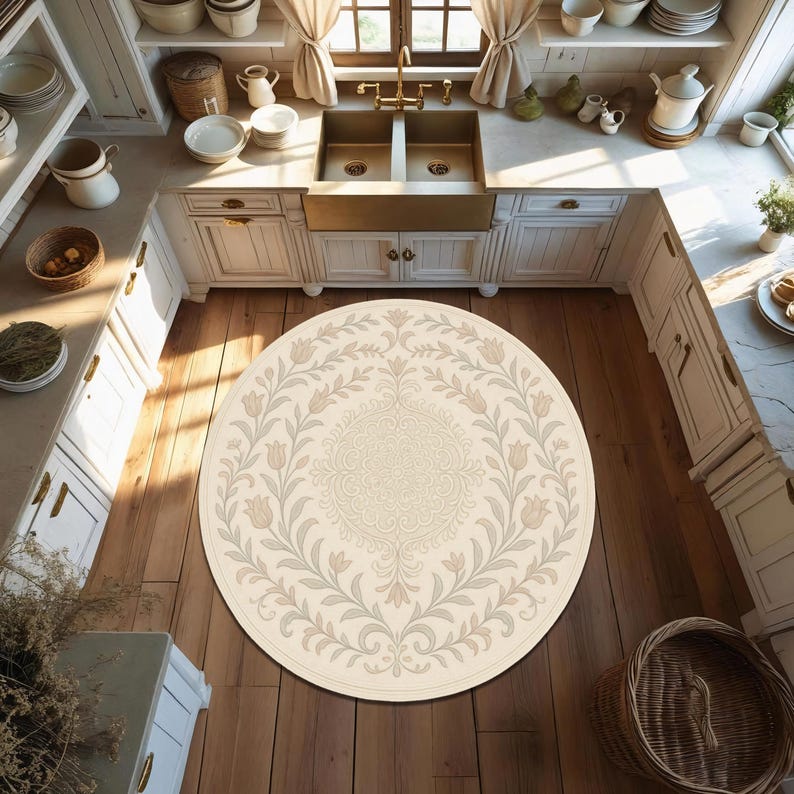 Round Beige French Cottagecore Botanical Rug, Tulip Floral Circle ...