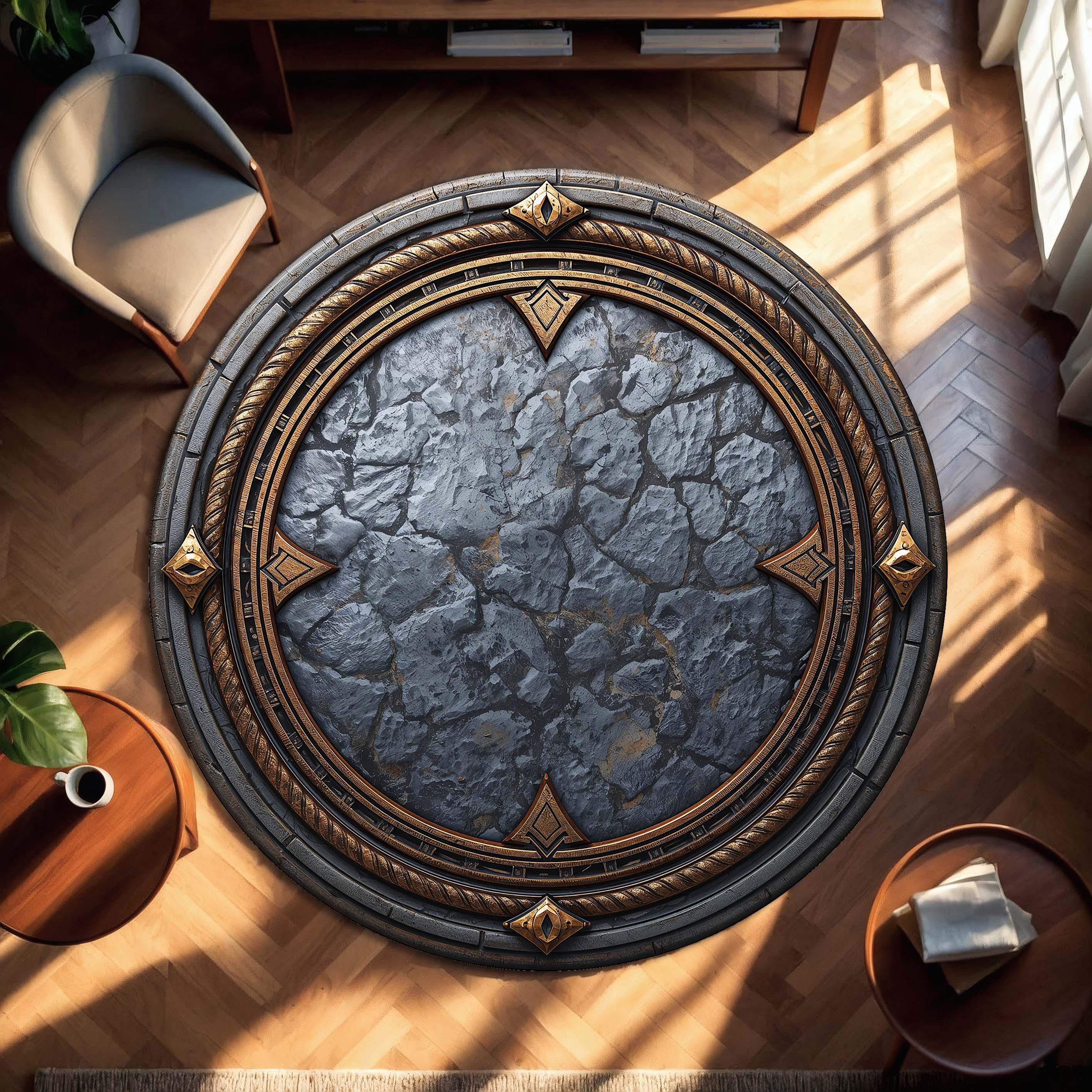 Round Stone Texture Rug With Antique Gold Accents, Medieval Fantasy ...