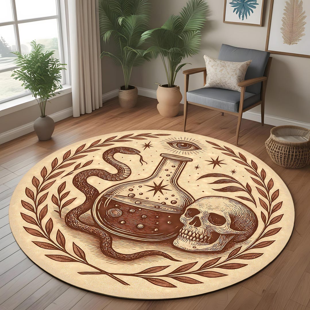 Occult Alchemy Round Rug: Snake, Skull and Potion Design for Gothic ...