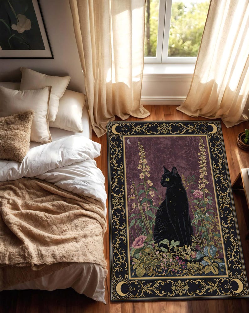 Black Cat Floral Rug, Witchy Celestial Area Rug, Gothic Botanical Decor ...