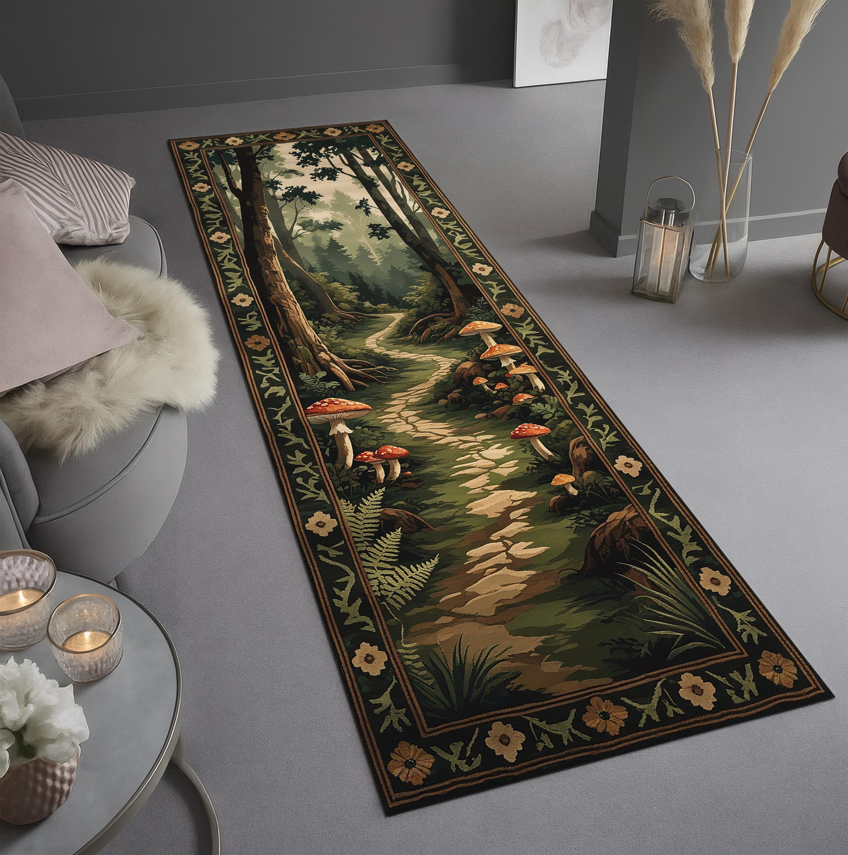 Mushroom Forest Runner Rug, Cottagecore Woodland Path Carpet, Whimsical ...